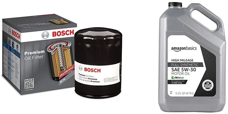 Bosch 3311 Premium FILTECH Oil Filter + AmazonBasics High Mileage Moto ...