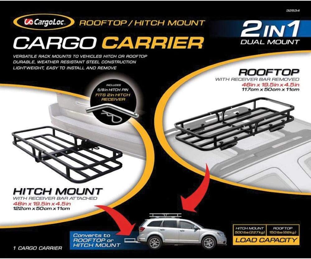 CargoLoc 2-in-1 Hitch Mount and Roof Top Cargo Carrier, 48 x 19.5 ...