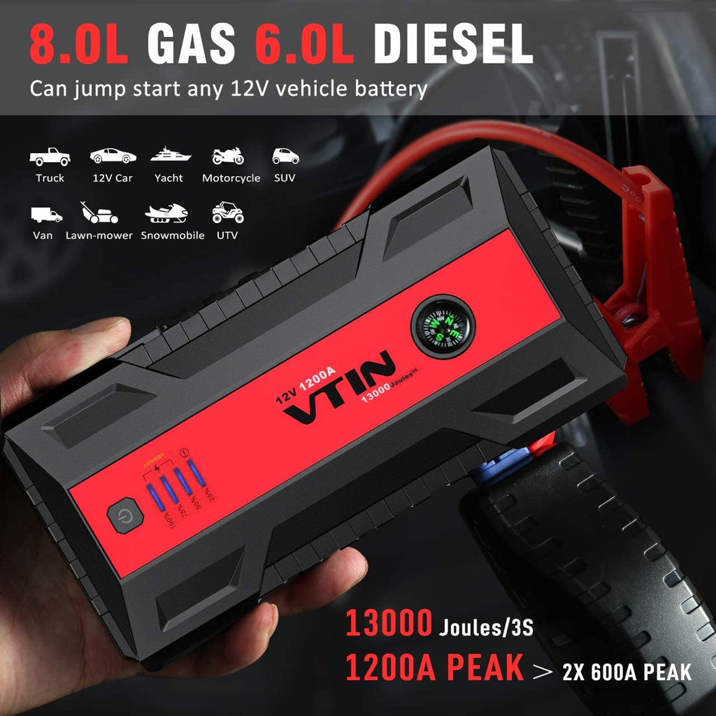 VTIN Upgraded 1200A Car Jump Starter, 12V Power Pack Jump Starter (Up ...