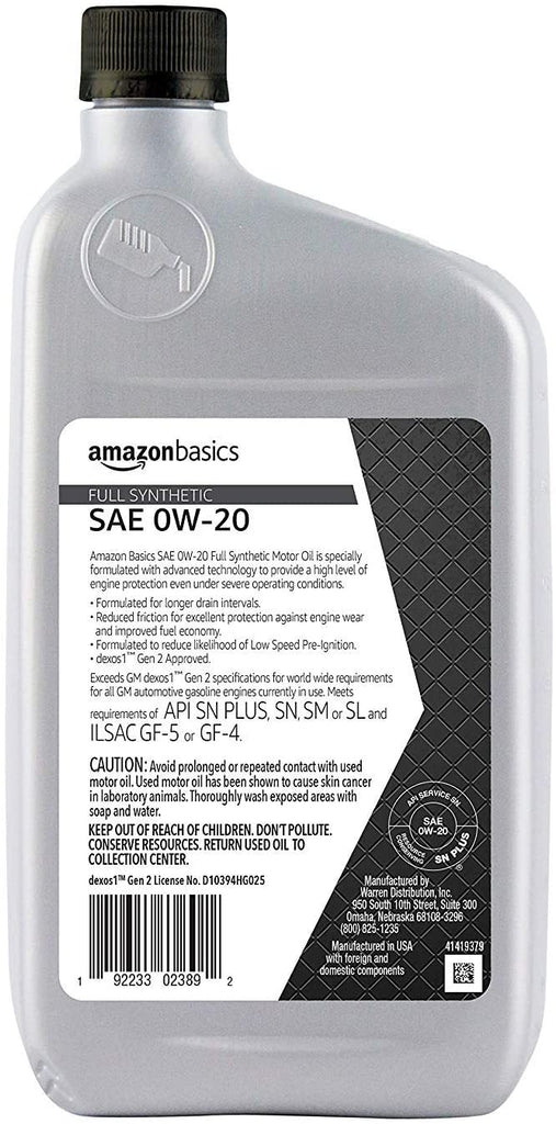 AmazonBasics Full Synthetic Motor Oil, SN Plus, 0W-20, 1 Quart, 6 Pack ...