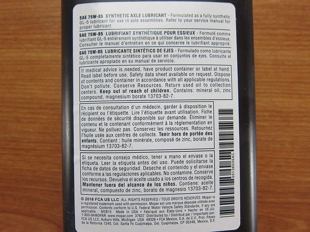 Mopar One Quart SAE 75W-85 Synthetic Axle Lubricant GL-5 OEM – PartLimit